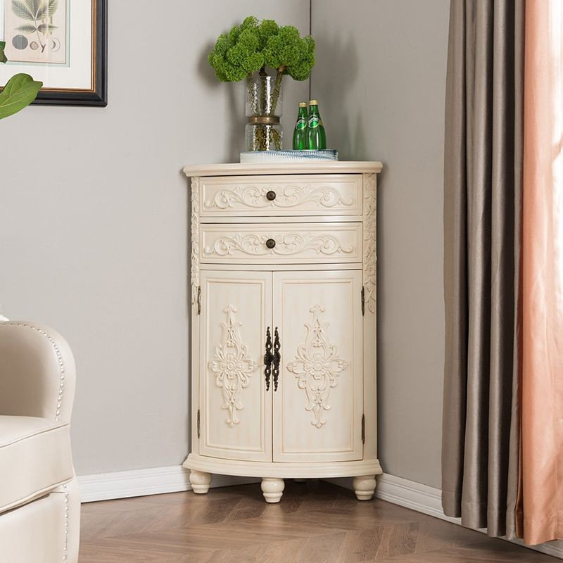 White Triangle Storage Corner Cabinet Carved Wood Accent Cabinet With 2 ...
