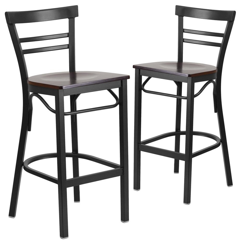 2 Pk. Black Ladder Back Metal Restaurant Barstool - Walnut Wood Seat ...