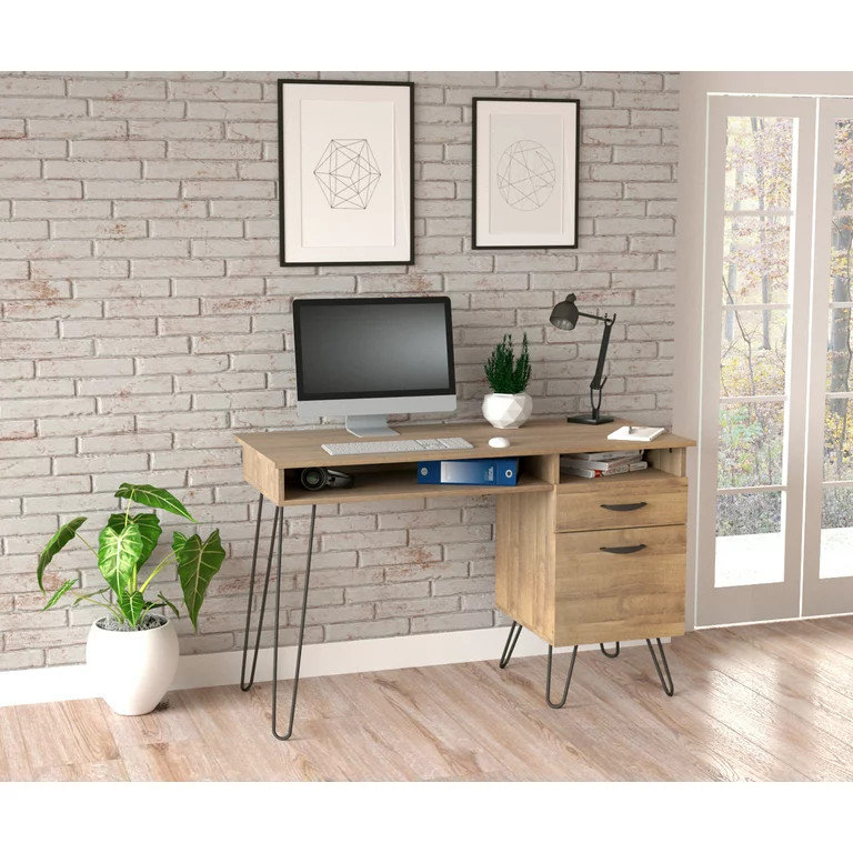 Mid Century Modern Desk, Hairpin Legs With Filing Drawer & 2 Open ...