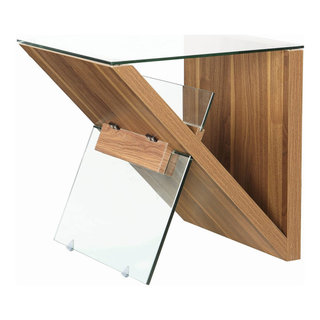 Glass Top End Table with V Shaped Wooden Base, Clear and Brown ...