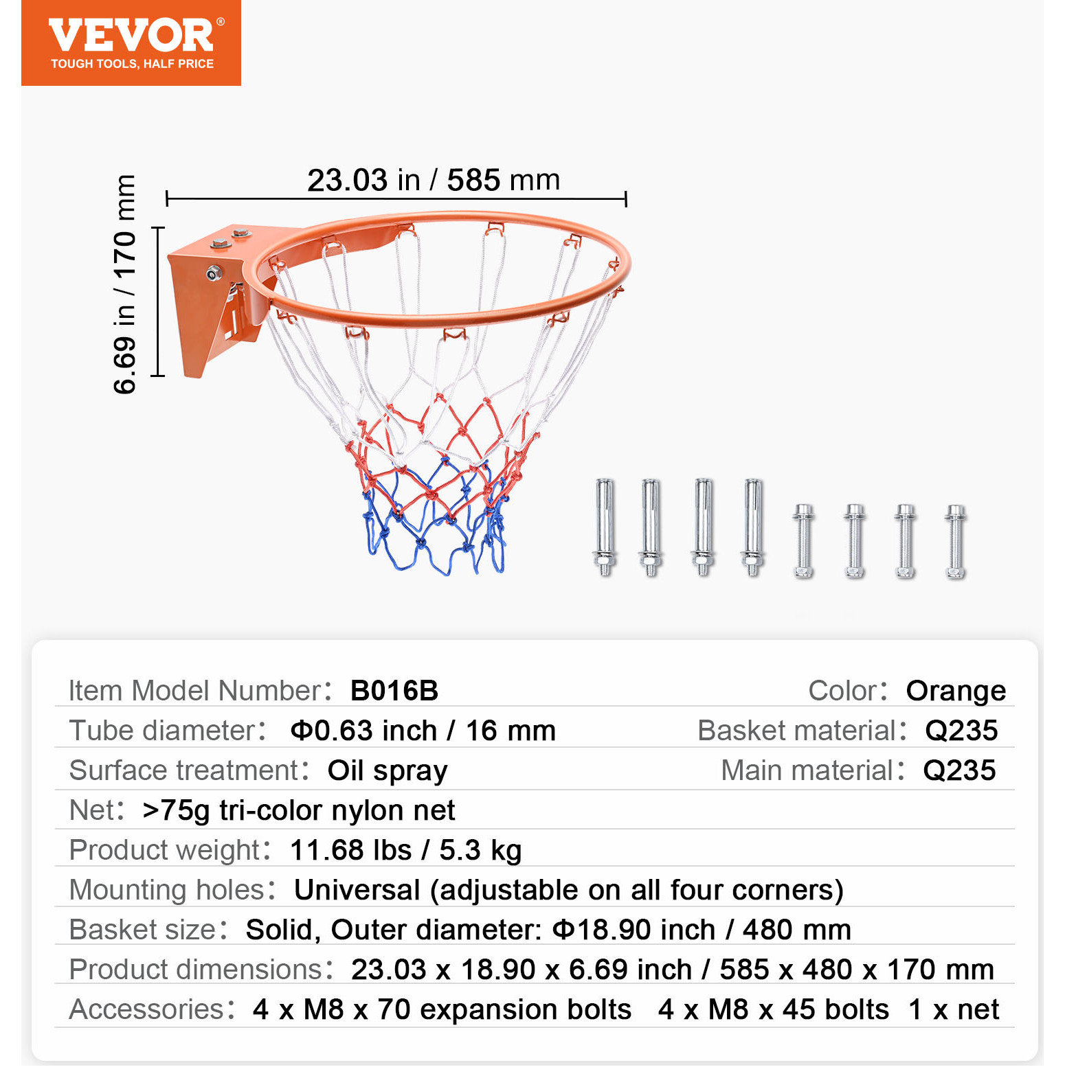 VEVOR Basketball Rim Replacement Outdoor Heavy Duty Hanging Flex Hoop ...