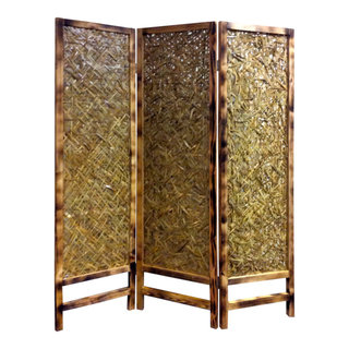 Benzara 3 Panel Traditional Foldable Screen with Entwine Bamboo Design ...