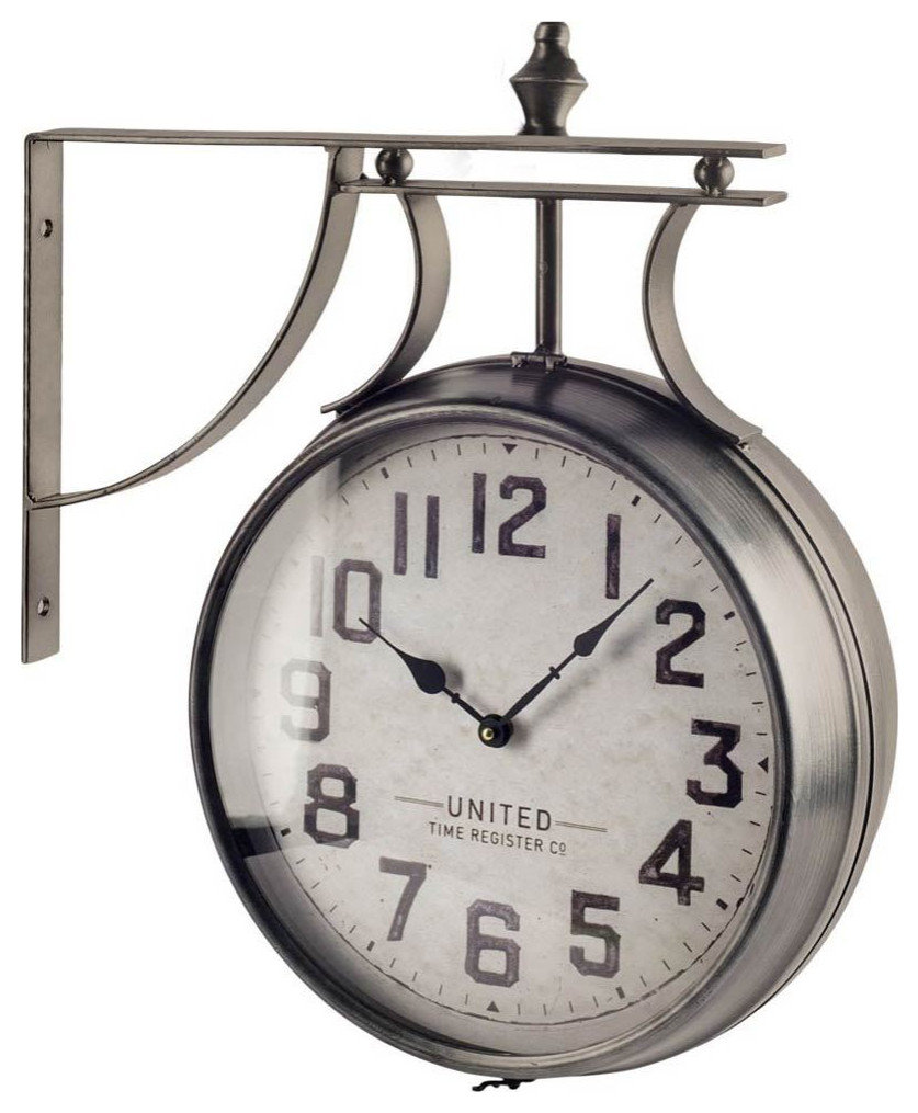 19" Large Round Industrial styleWall Clock w Two Clock Faces Silver ...