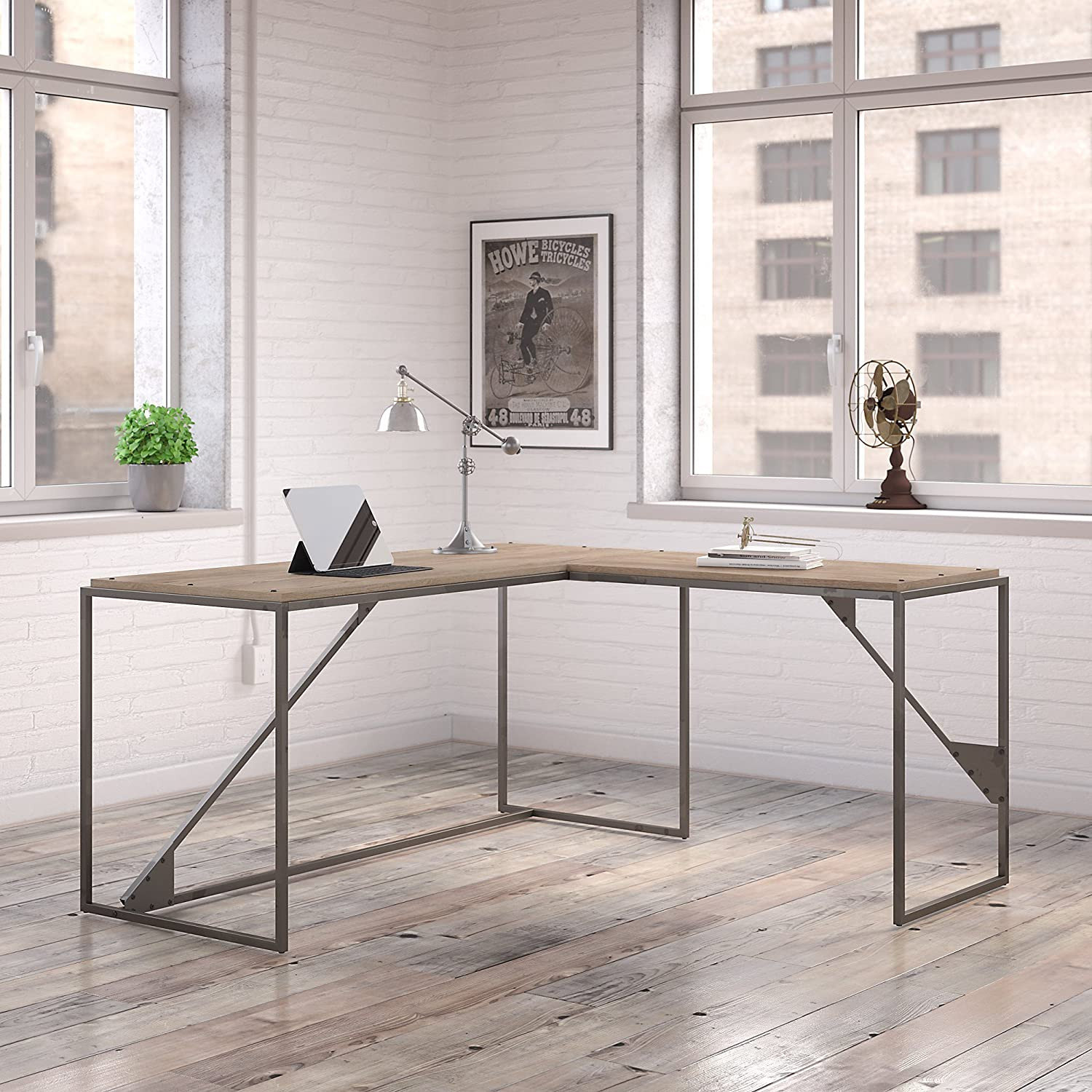 Rustic Gray L-Shaped Desk with Return, Sleek Design, Sturdy Metal Frame ...
