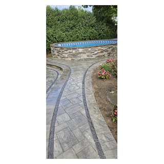 Above Ground Pool Wrapped with Stone Veneer and Cambridge Paver Patio ...