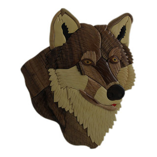 Hand Carved Intarsia Wolf Head Wood Art Wall Hanging - Rustic - Wall ...