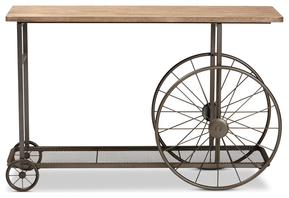 Leon Rustic Natural Wood and Black Metal Wheeled Console Table ...