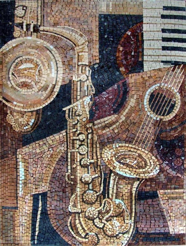 Marble Mosaic Mural, Musical Instruments, 31'' x 16'' - Contemporary ...