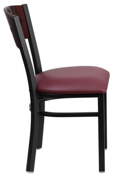 Black 4 Back Metal Restaurant Chair-Mahogany Wood Back, Burgundy Vinyl ...