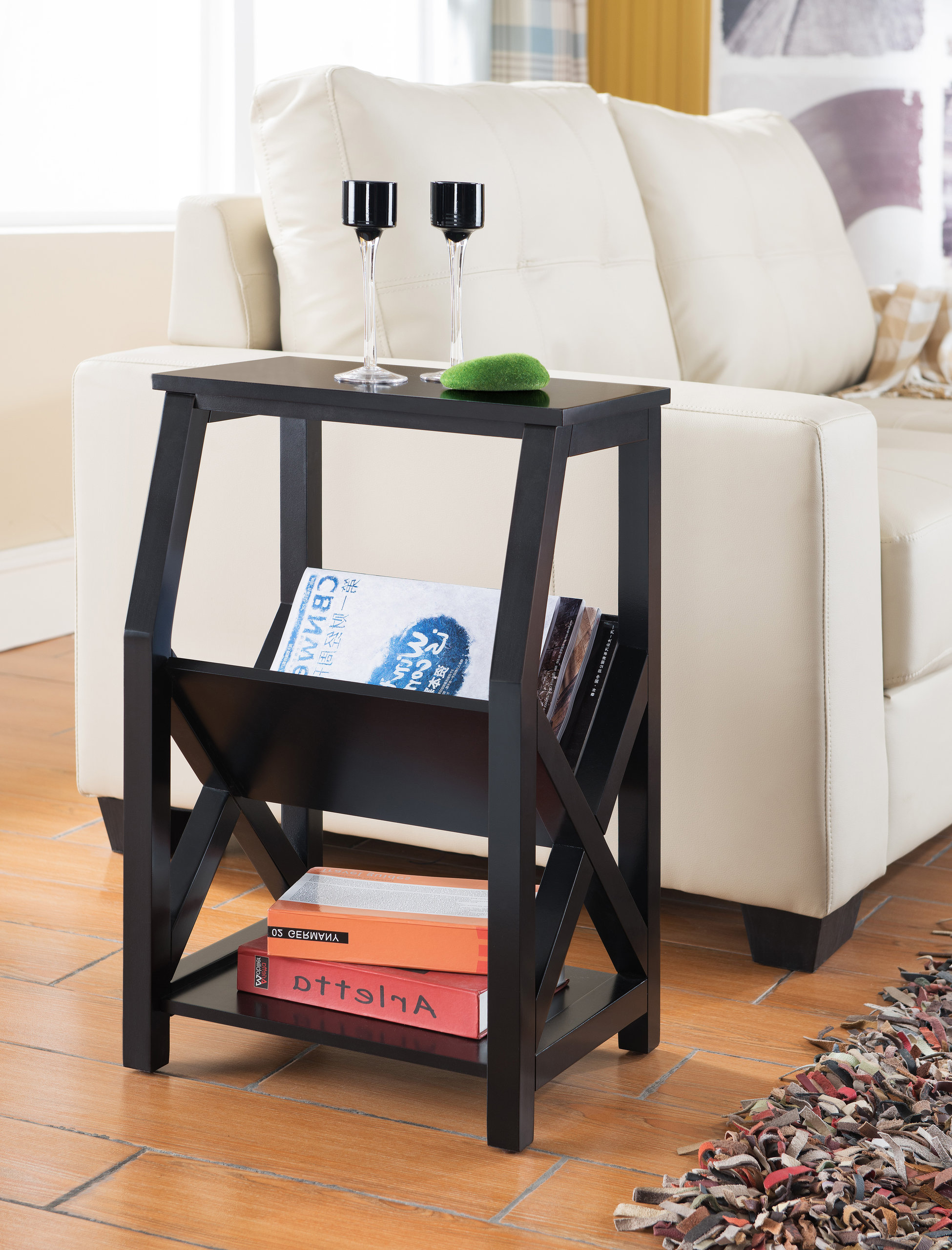 Trout Sofa Side Table With Magazine Rack & Storage Shelf, Black Wood ...