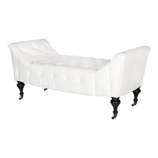 Traditional Glam Bench with White Velvet, Button Tufting, and Casters ...