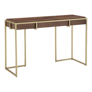 Mid Century Modern Desk, Golden Metal Frame With Wooden Top & Drawer ...
