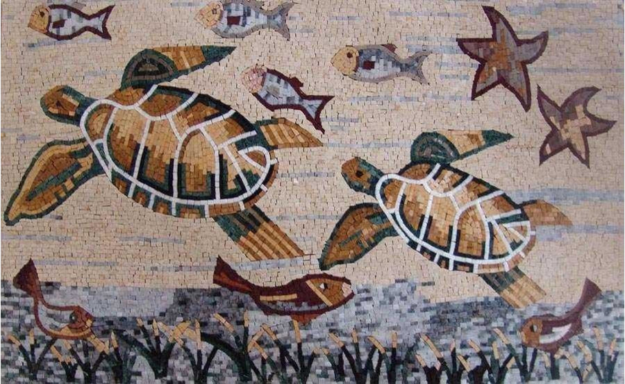 Sea Turtles Marble Mosaic, 71" x 41" - Beach Style - Tile Murals - by ...