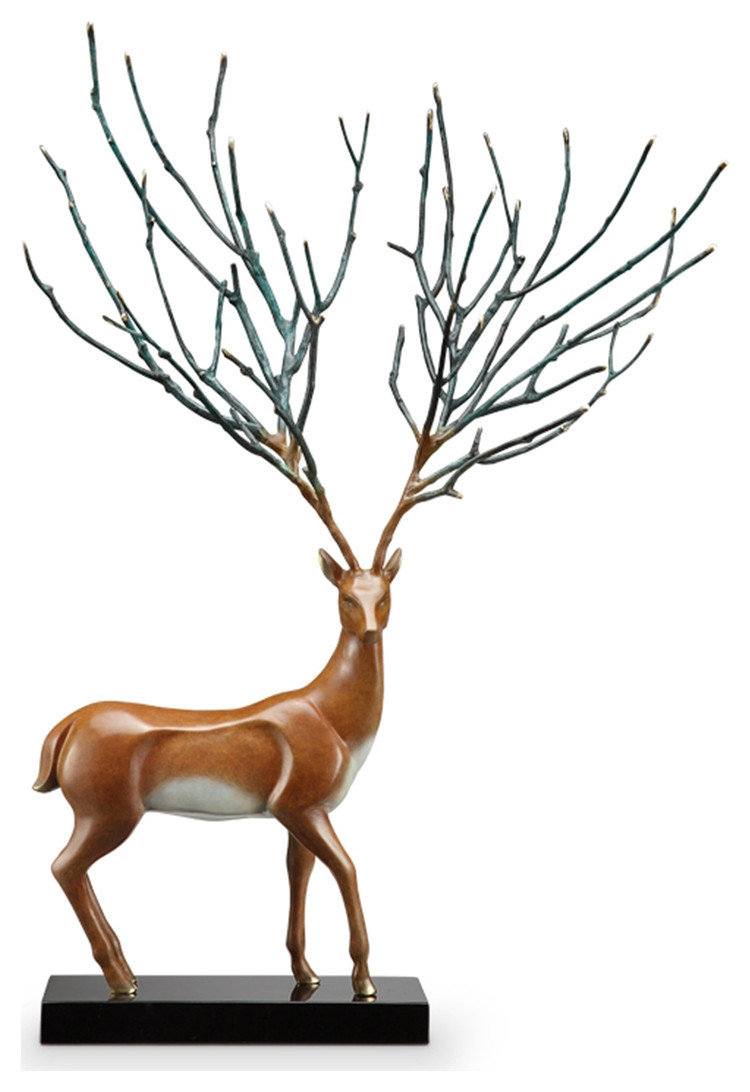 Proud Stag Abstract Deer Statue Hand Painted Brass On Marble Base, One ...