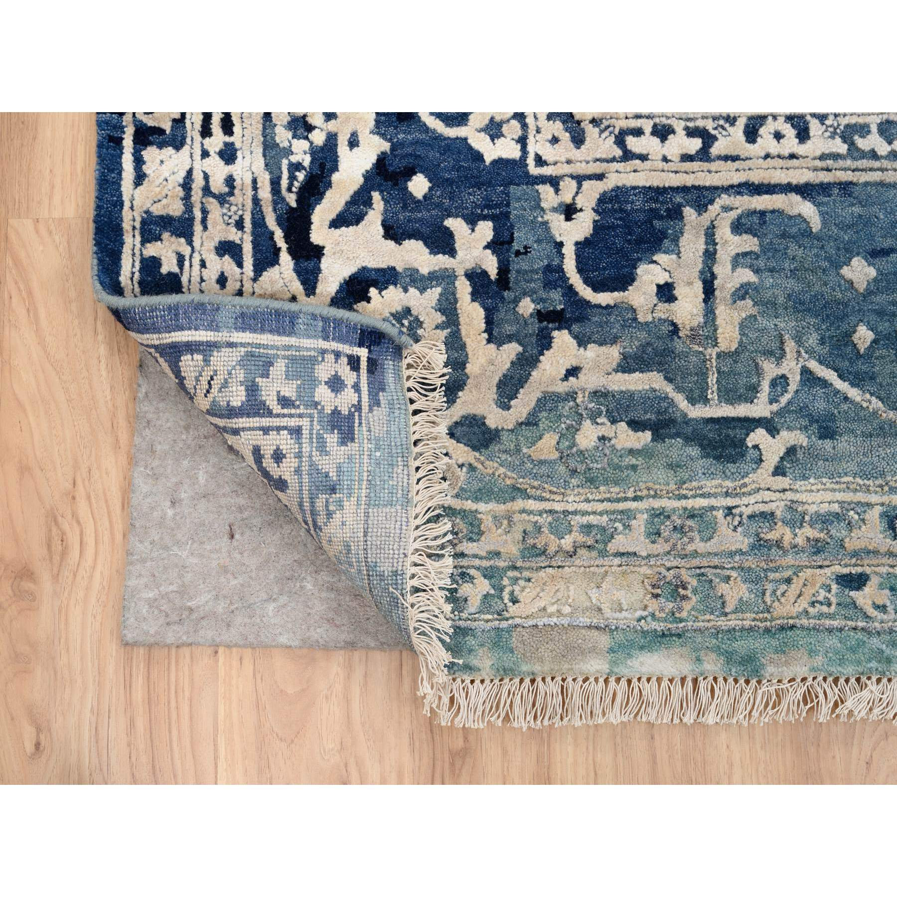Blue/Teal Persian Heriz Erased Wool And Silk Hand Knotted Square Rug ...