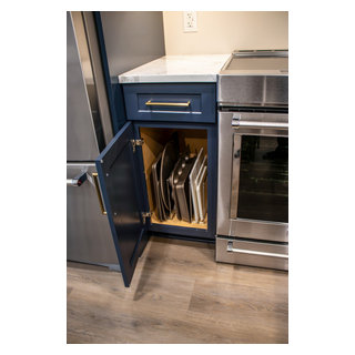 Basement Kitchenette with Navy Cabinets and Verde Peak Quartz ...