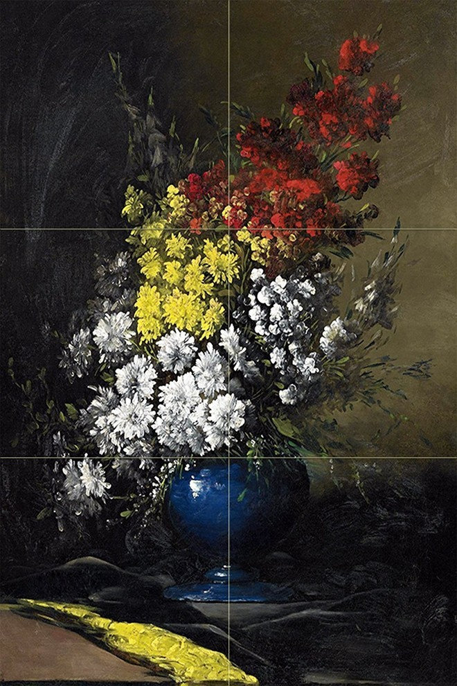 Tile Mural Flowers in a Blue Vase Kitchen Backsplash, Four Inch Marble ...