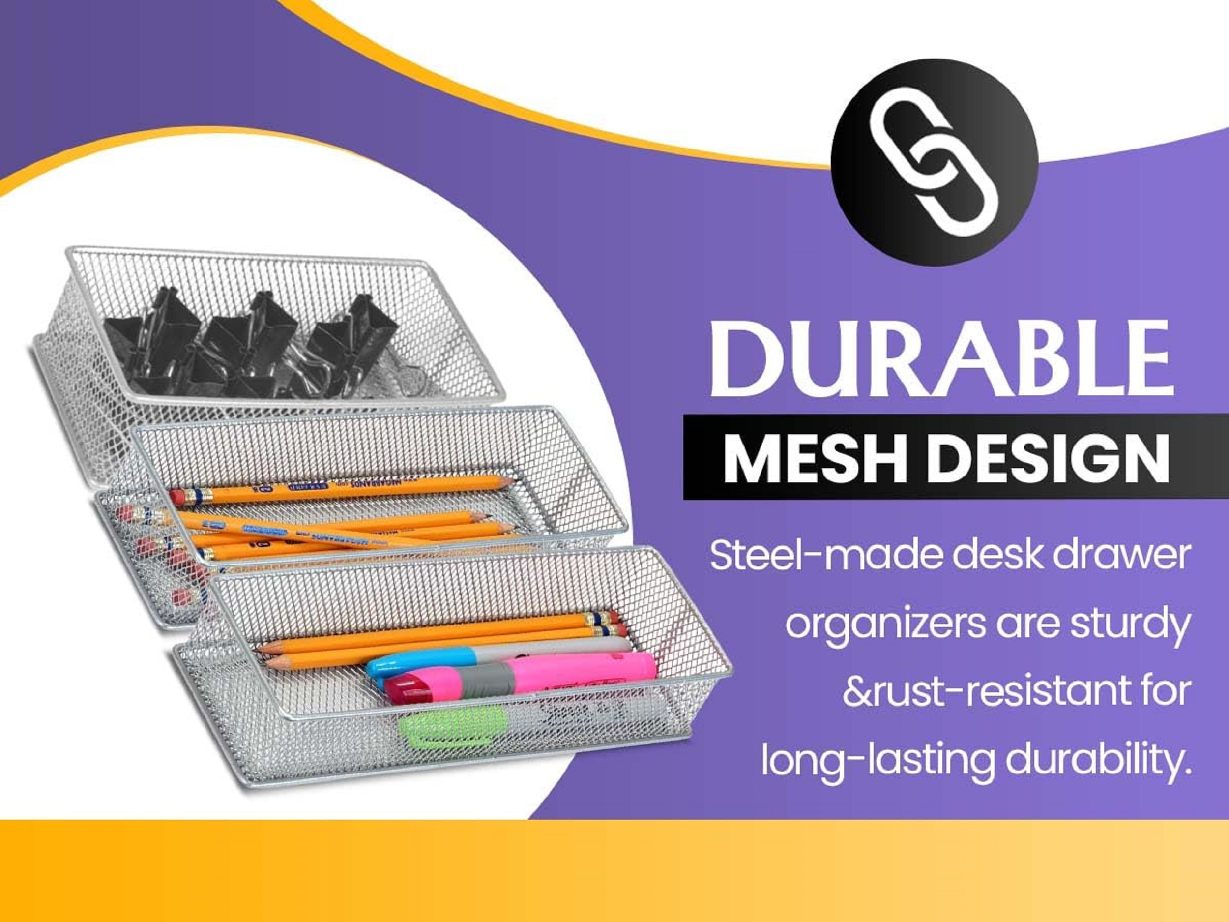 Silver Mesh Drawer Office Desktop Organizer Basket - Desk Accessories ...
