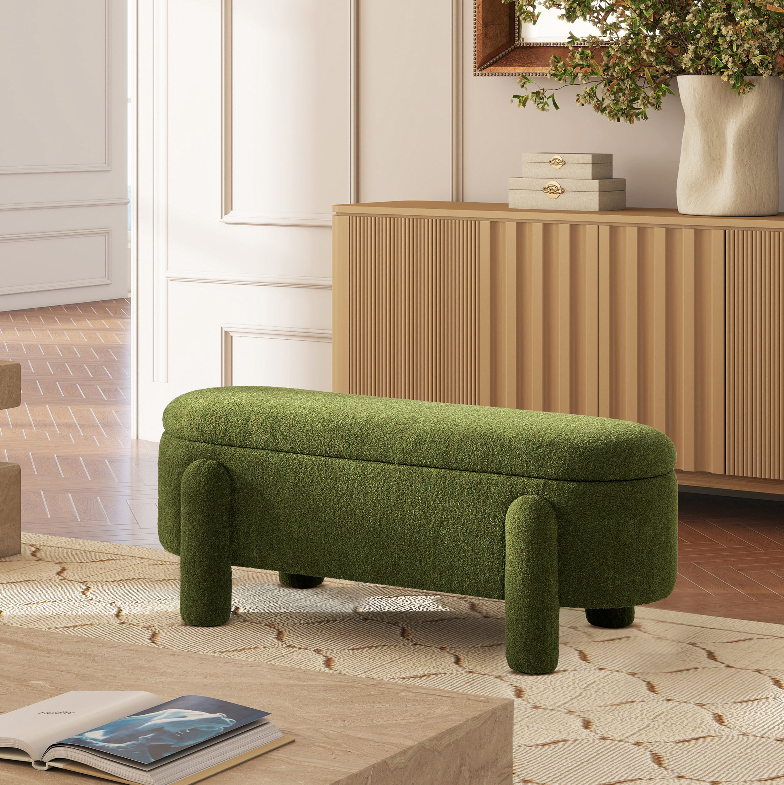 Hugo 49" Fully Upholstered Oval Boucle Storage Bench - Contemporary ...