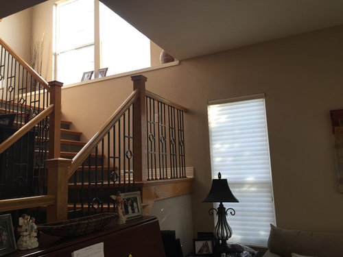 Window coverings for 2 windows in stairway?