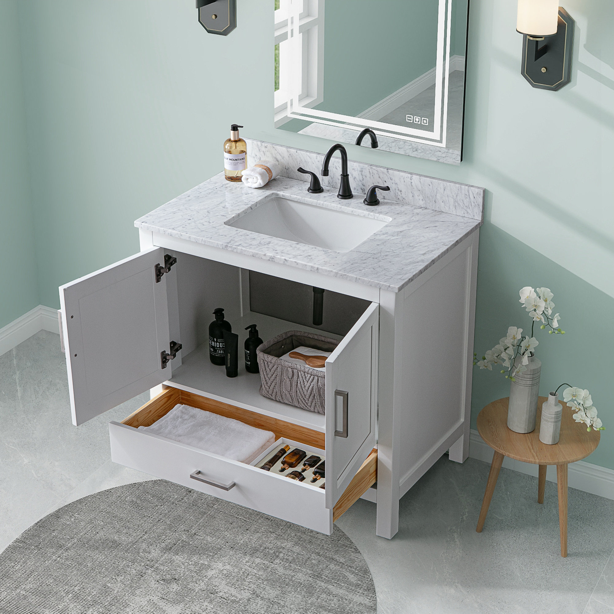 Bathroom Vanity with Carrara Marble Top with Basin, 36'' - Transitional ...