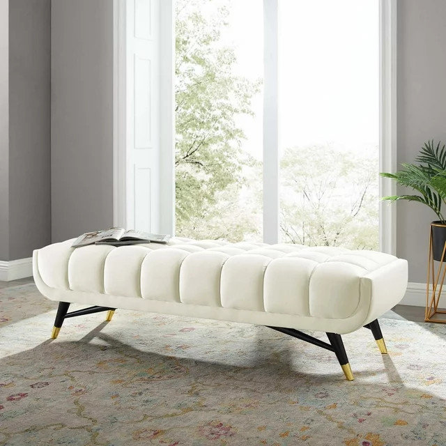 Modern 60" Velvet Bench with Golden-Capped Angled Legs and Tufted Seat ...