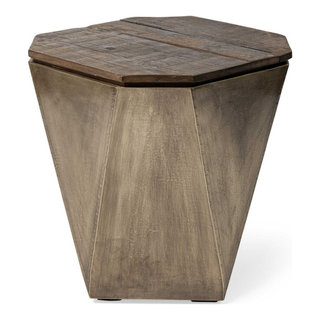 HomeRoots Brass and Natural Wood Side Table With Hexagonal Hinged-Top ...