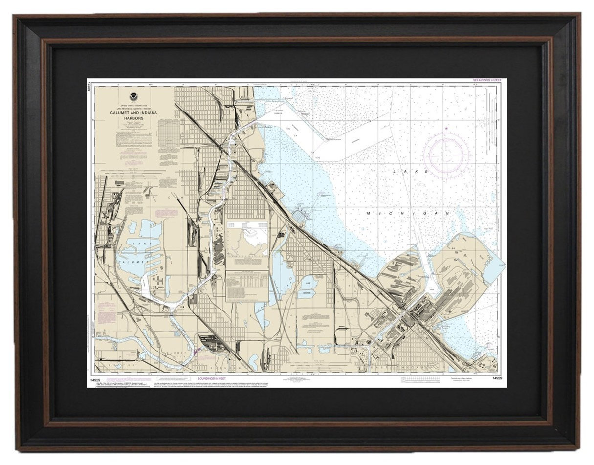 Framed Nautical Chart, Lake Michigan Calumet and Indiana Harbors, 36x26 ...