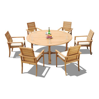 7-Piece Outdoor Teak Dining Set: 72" Round Table, 6 Alps Stacking Arm ...