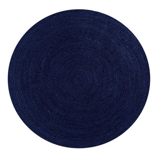 Handmade Navy Jute Round Rug, Braided Natural Farmhouse Design, 8' X 8 ...