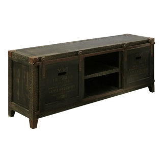 Vintage Rustic TV-Media Cabinet with Sliding Doors and NYC Print ...