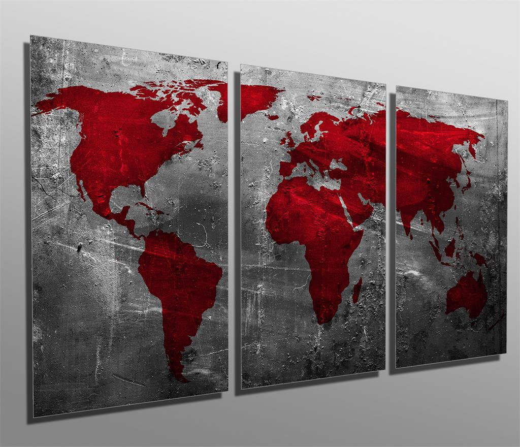 Abstract Deep Red World Map, Metal Print Wall Art, 3 Panel Split ...