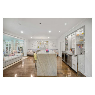 Elegant Eclectic Home Bar with Marble Island and Luxe Metallic Accents ...