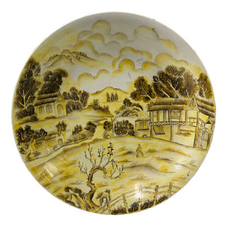 Chinese Yellow White Village Tree Graphic Porcelain Decor Plate Hws3300 ...