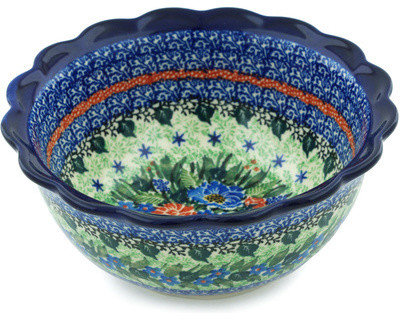 Polish Pottery 7" Stoneware Scalloped Bowl Hand-Decorated Design ...