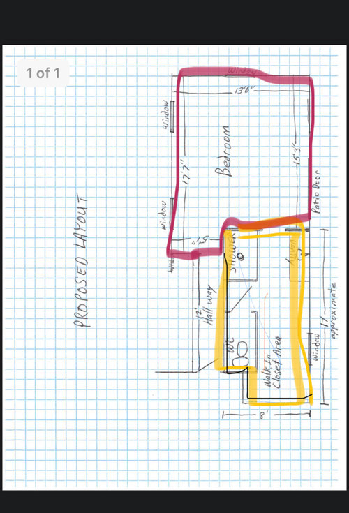 Layout for adding a WIC and bathroom to master.