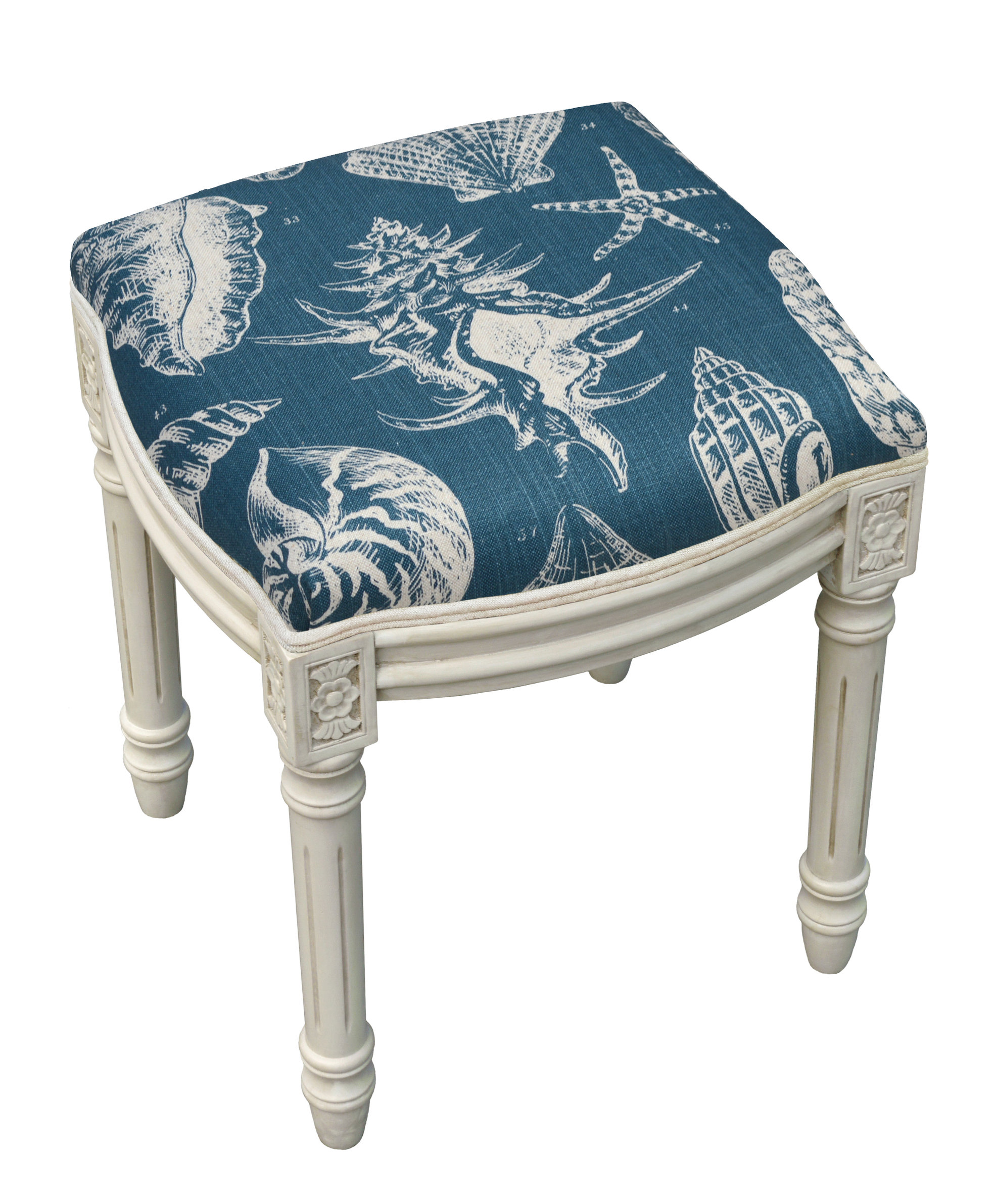 Navy Blue Seashells Linen Upholstered Vanity Stool - Traditional ...