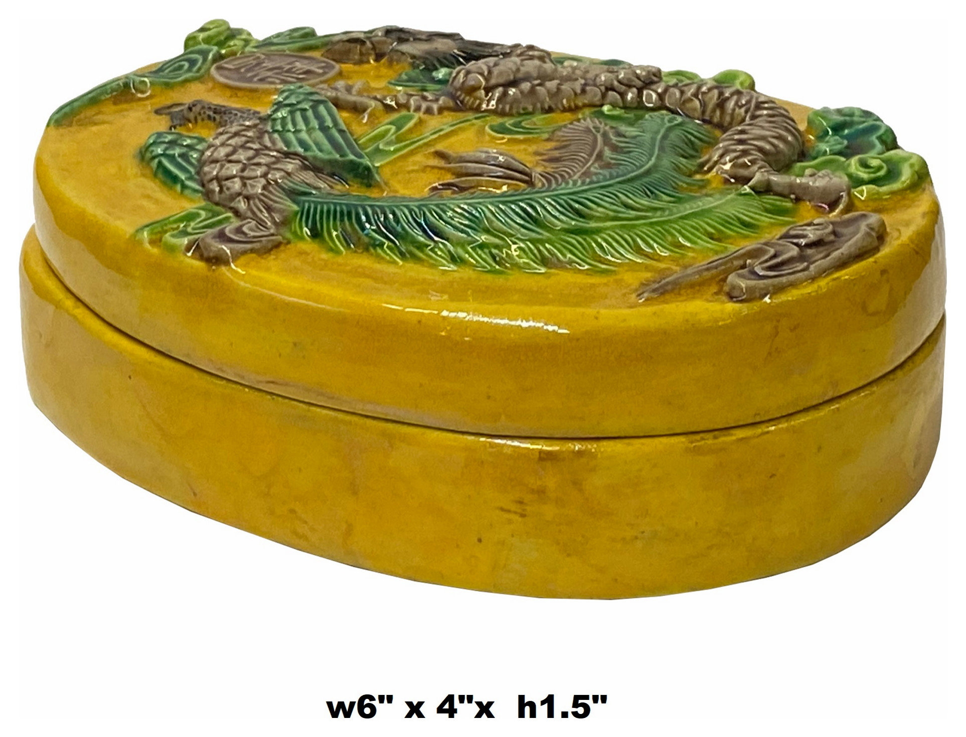 Chinese Yellow Mustard Ceramic Phoenix Dragon Ink Well Dipping Display ...
