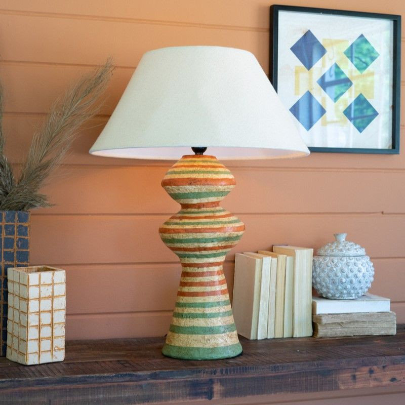 Whimsical Green Rust Red Stripe Table Lamp Paper Mache 28 in Sculptural ...