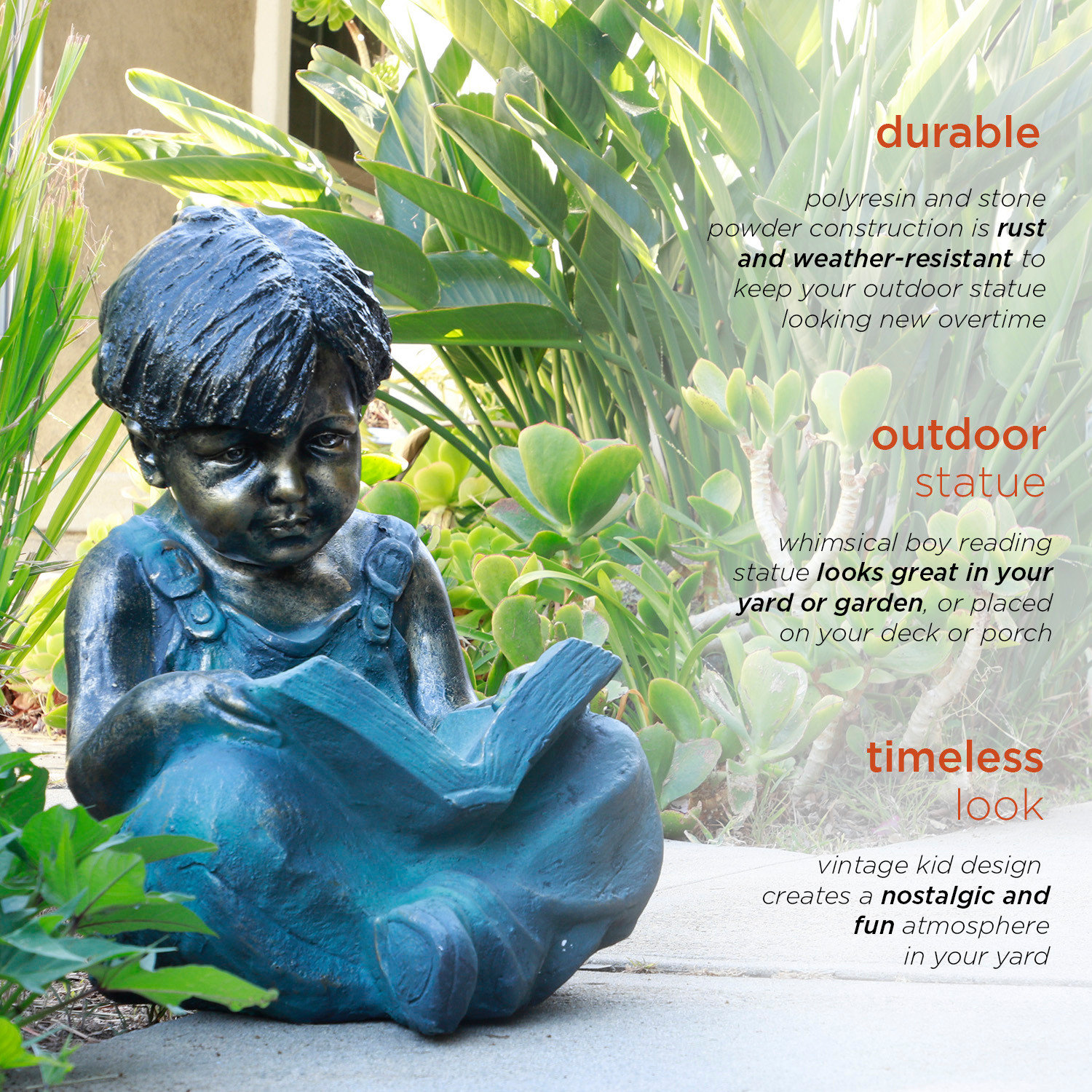 19" Tall Indoor/Outdoor Boy Sitting Down Reading Book Statue Set Yard ...