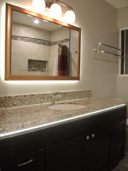 Like it? Bathrm w/LED backlight, large tile, metal trim, shower niche