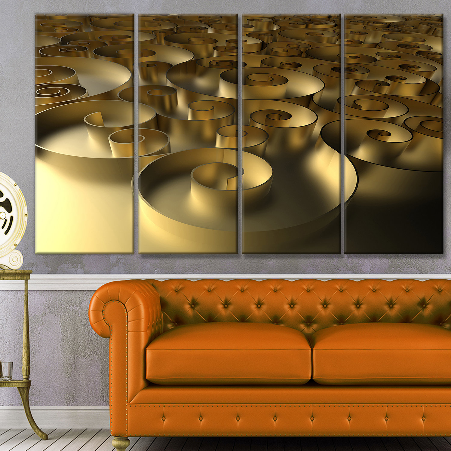 Golden Curly Abstract 3D Design, Abstract Canvas Art Print, 48"x28", 4 ...