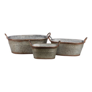 Metal Oval Bucket with Ribbed Design Body & Side Handles, Set of 3 ...