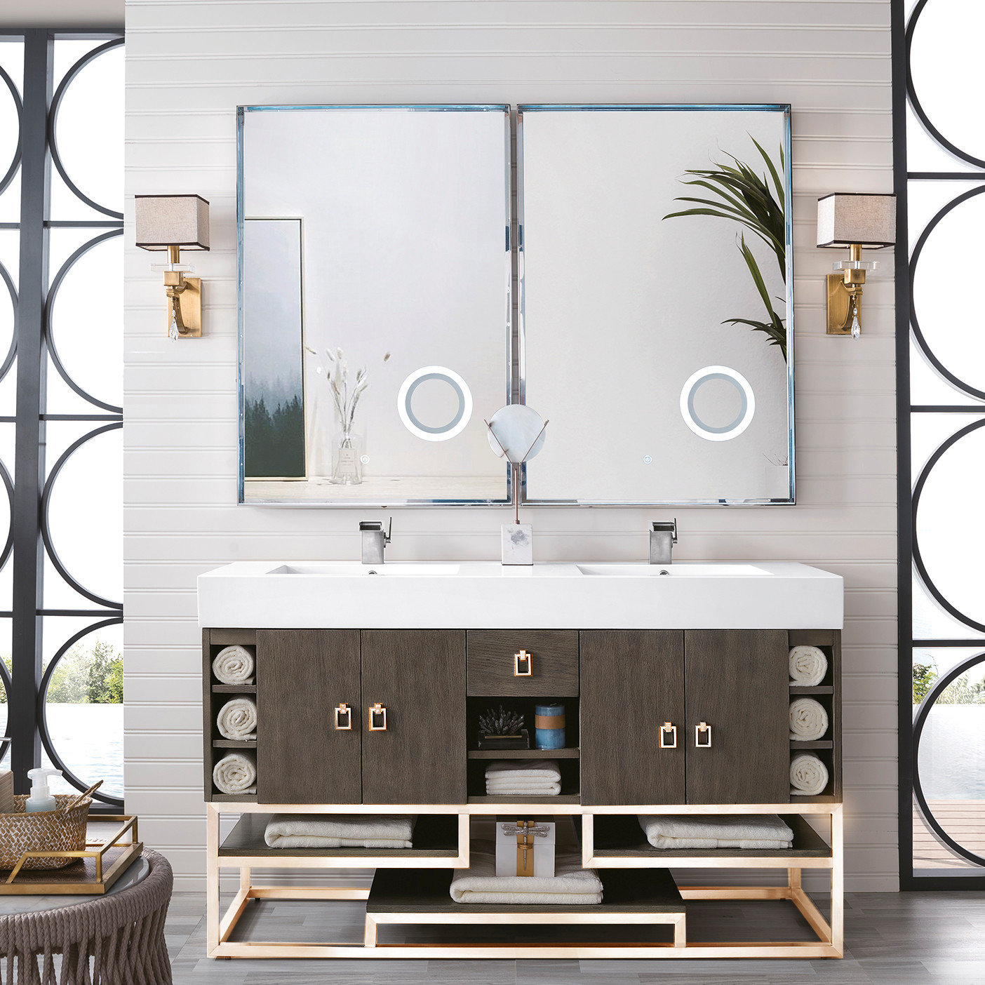 Tahoe 59" Double Vanity, Silver Oak, Nickel Base w/ Glossy White ...