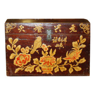 Chinese Vintage Brown Floral Bird Theme Trunk Box Chest Hcs5595 - Asian ...
