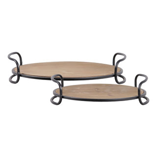 Wood Round Designer Tray With Metal Side Handles, Set of 2, Brown ...