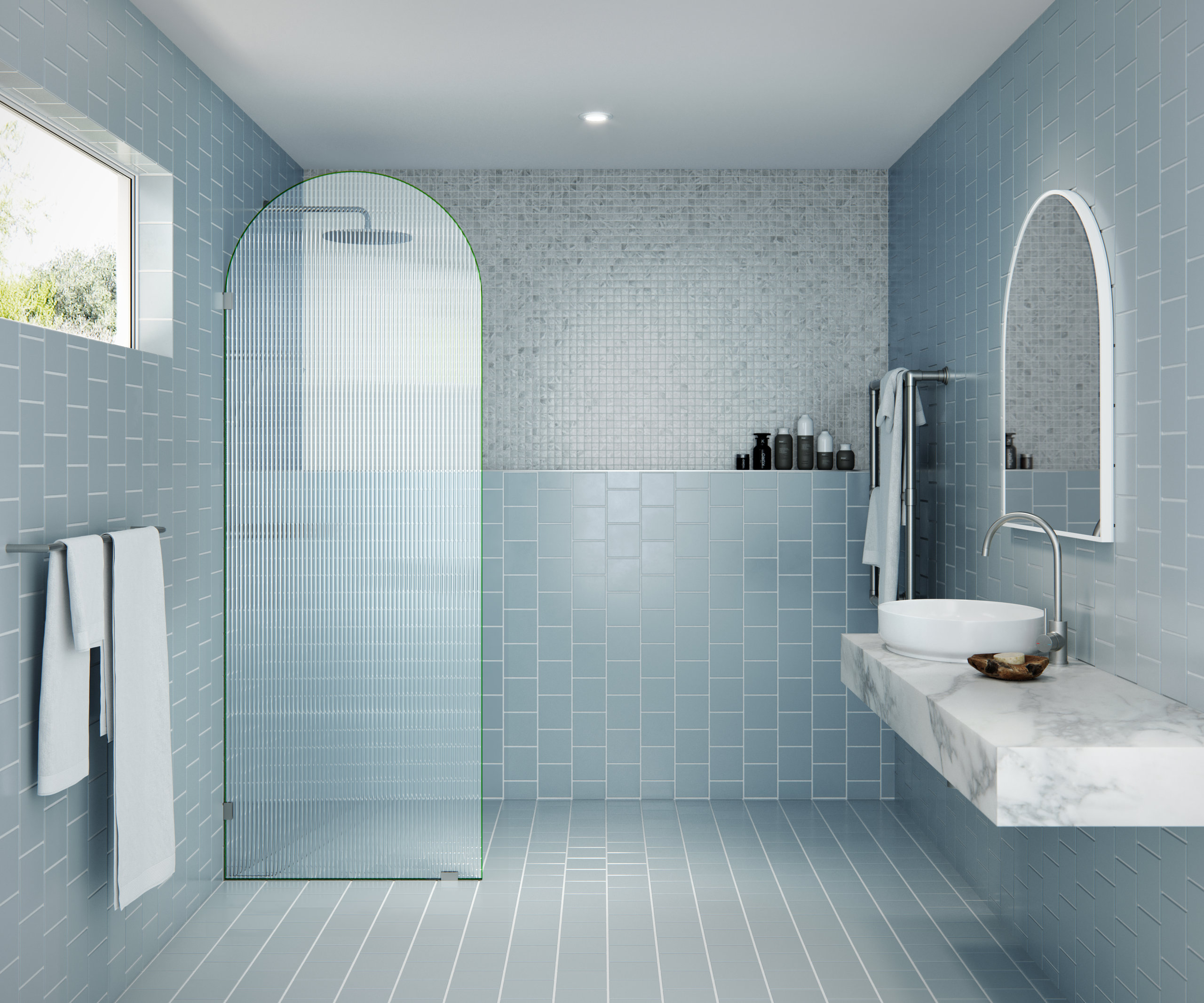 30"x86.75" Frameless Shower Door, Arched Fluted Single Fixed Panel ...