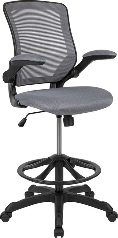 Mid-Back Dark Gray Mesh Ergonomic Drafting Chair, Adj. Foot Ring, Flip ...