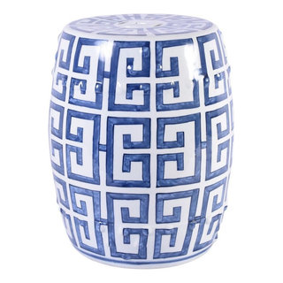 Blue and White Greek Key Garden Stool - Asian - Accent And Garden ...