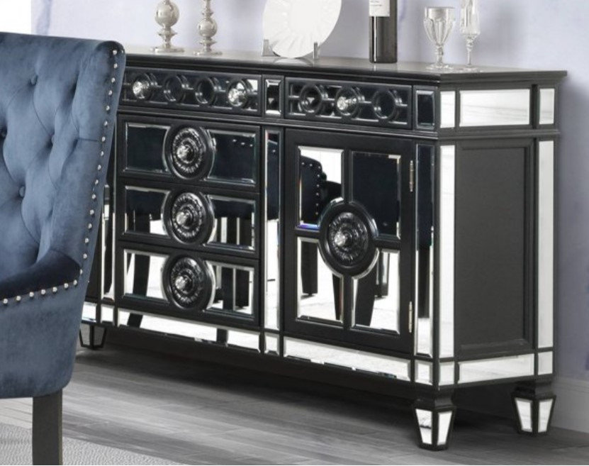 Elegant Sideboard, Mirrored Design With 2 Cabinets & 3 Drawers, Black ...